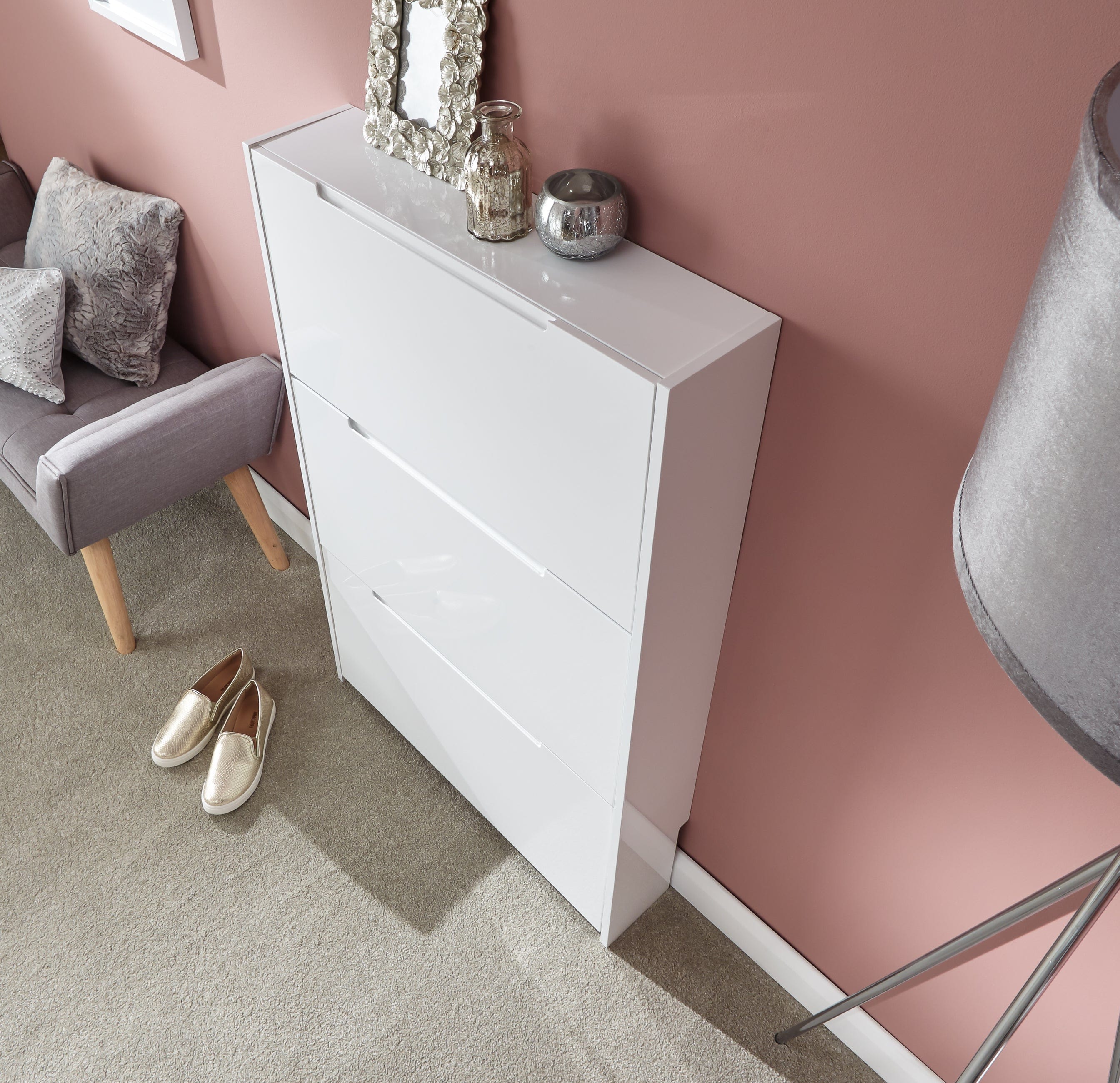 Narrow High Gloss 3 Tier Shoe Cabinet White GFW